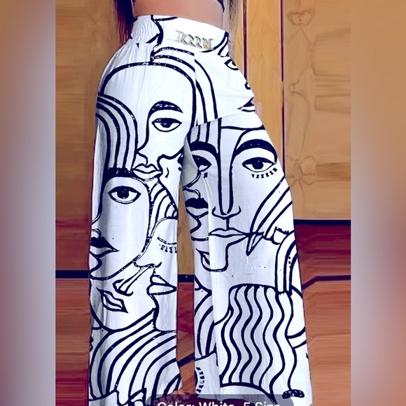 Pants & Jumpsuits | Nwt Abstract Face Print Pants Wide Leg High Waisted ...